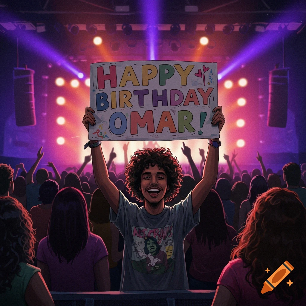 Person at concert holding a 'Happy Birthday Omar' sign on Craiyon
