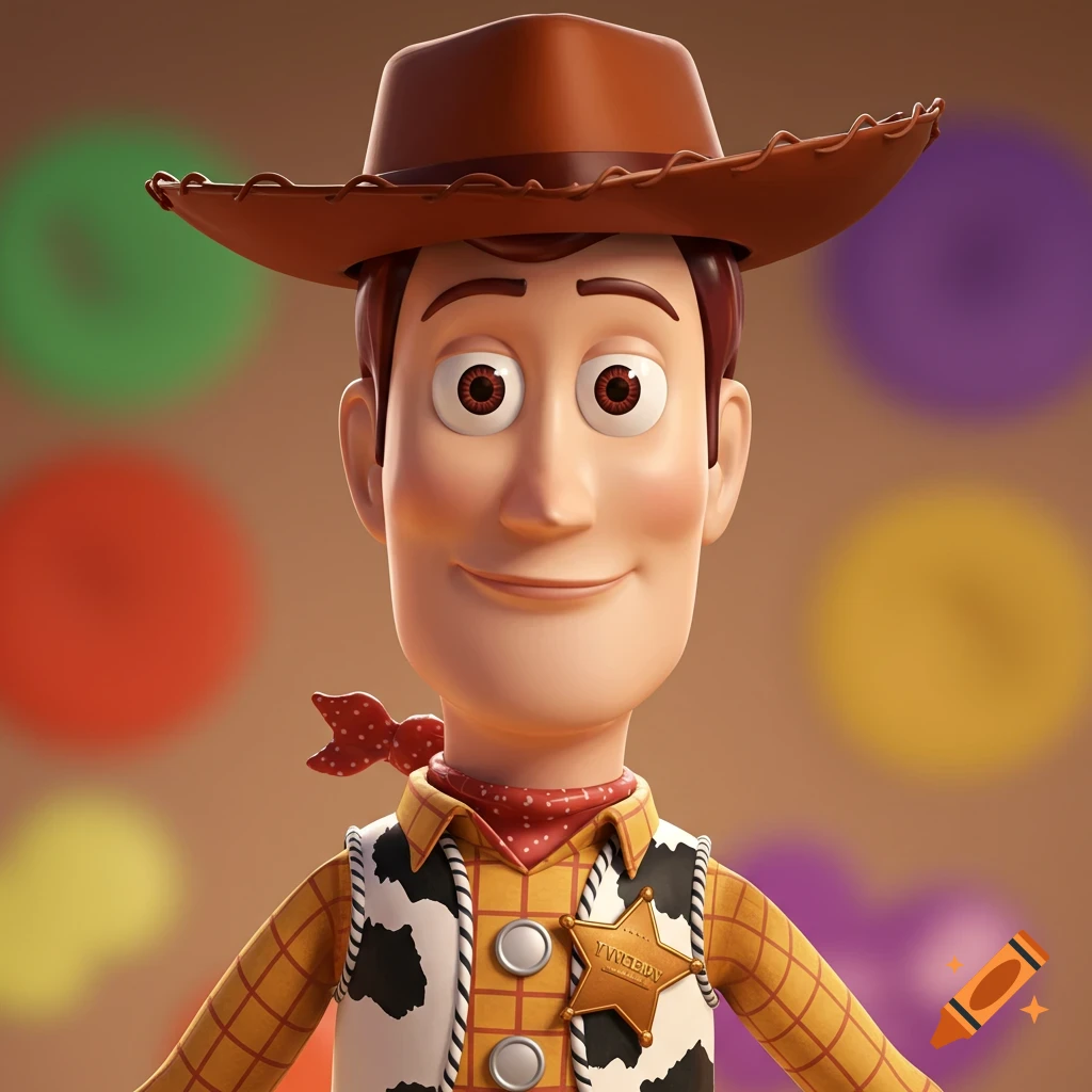 Woody from Toy Story is smiling in his cowboy hat and vest. on Craiyon