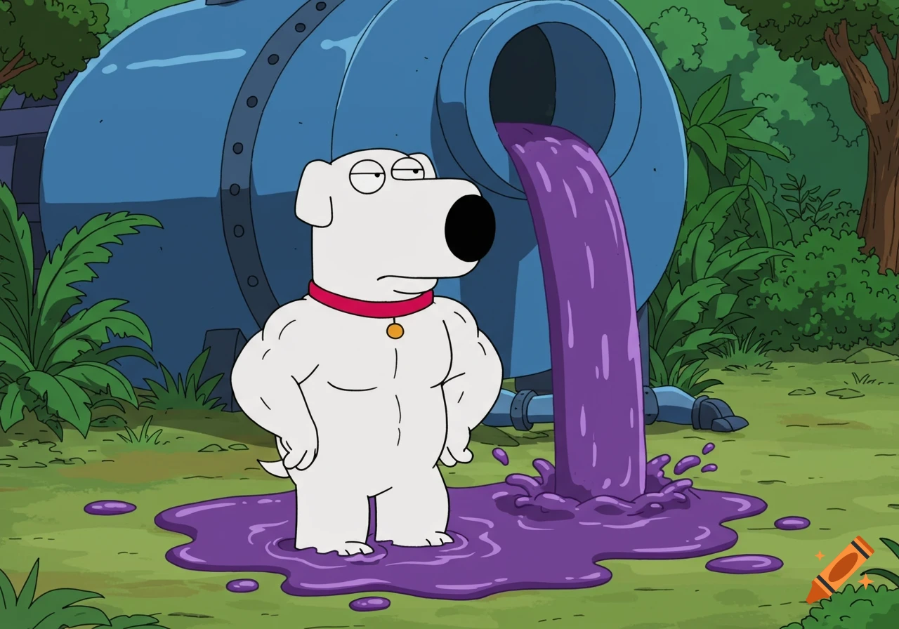 Brian the dog with muscles, standing in purple liquid, Family Guy style ...
