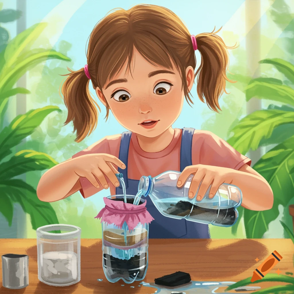 A child demonstrating a DIY water filtration project on Craiyon