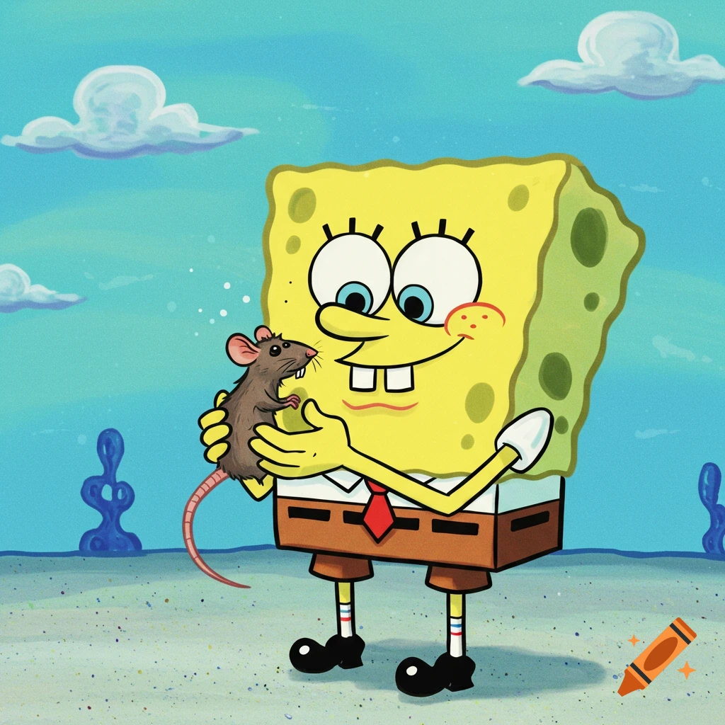 Spongebob Squarepants holds a small brown rat in a cartoon style on a ...