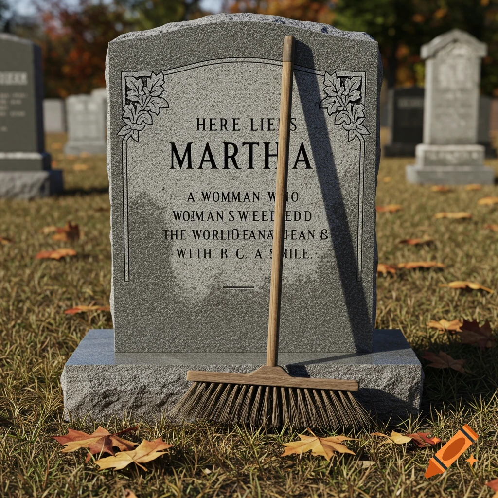 Headstone with a broom next to it. Grave marker cleaning concept image ...