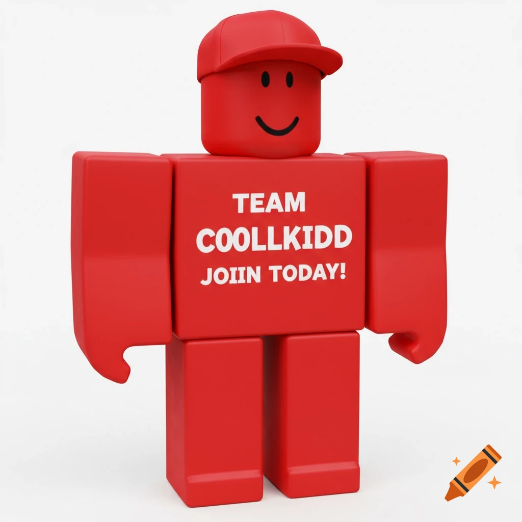 Red Roblox character with promotional text on Craiyon