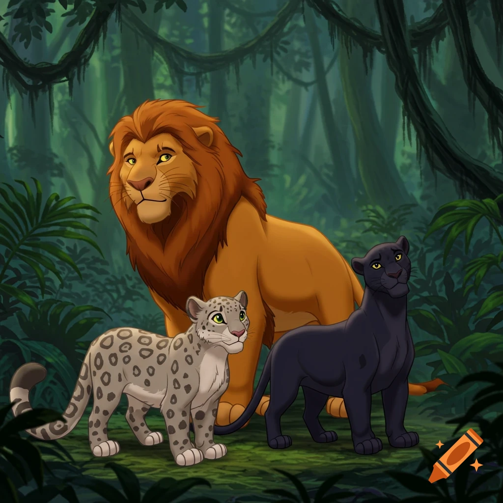 Snow leopard, African lion, black panther in Lion King animation style ...
