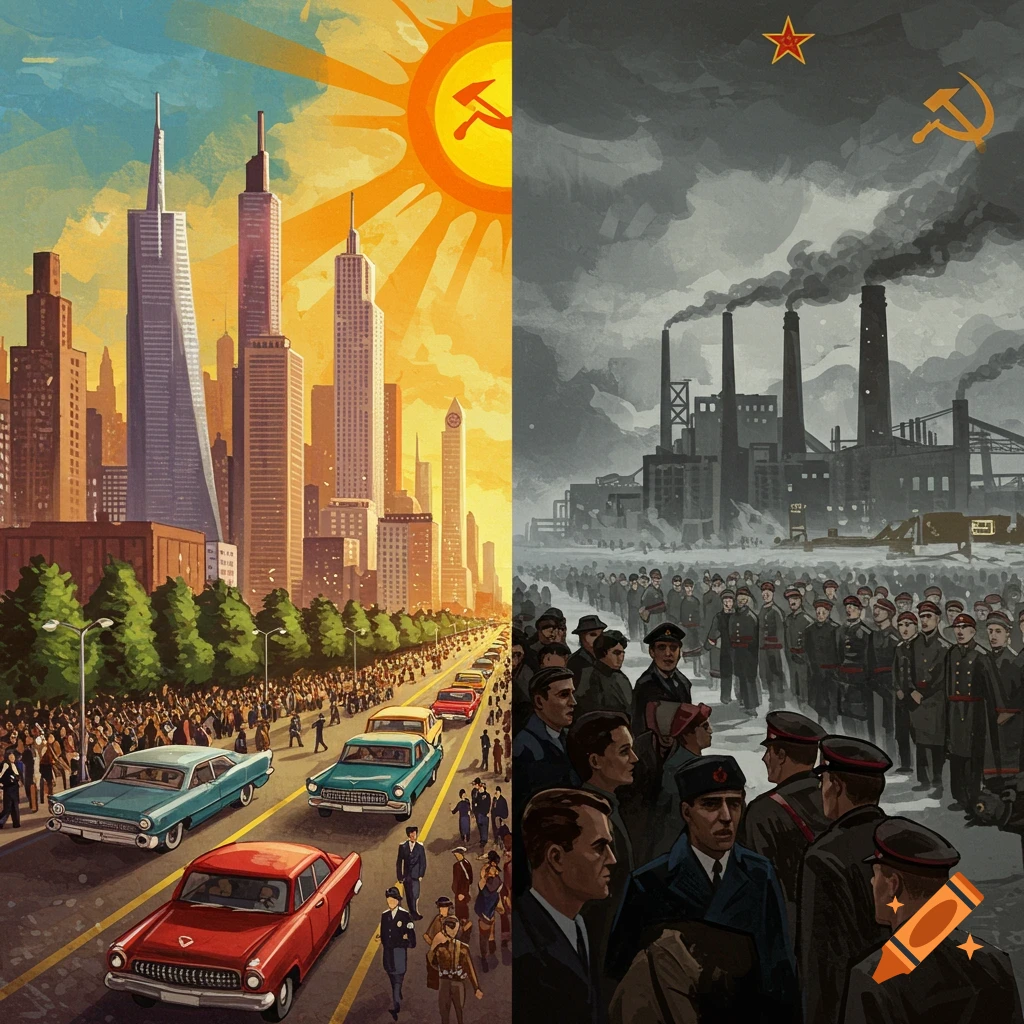 A street scene with vintage cars and people below a large flag of the ...