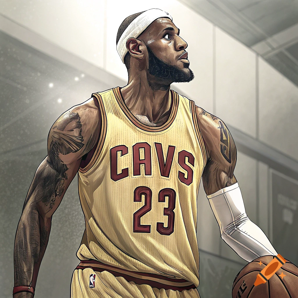 Cartoon illustration of LeBron James in a Cavaliers jersey, holding a ...