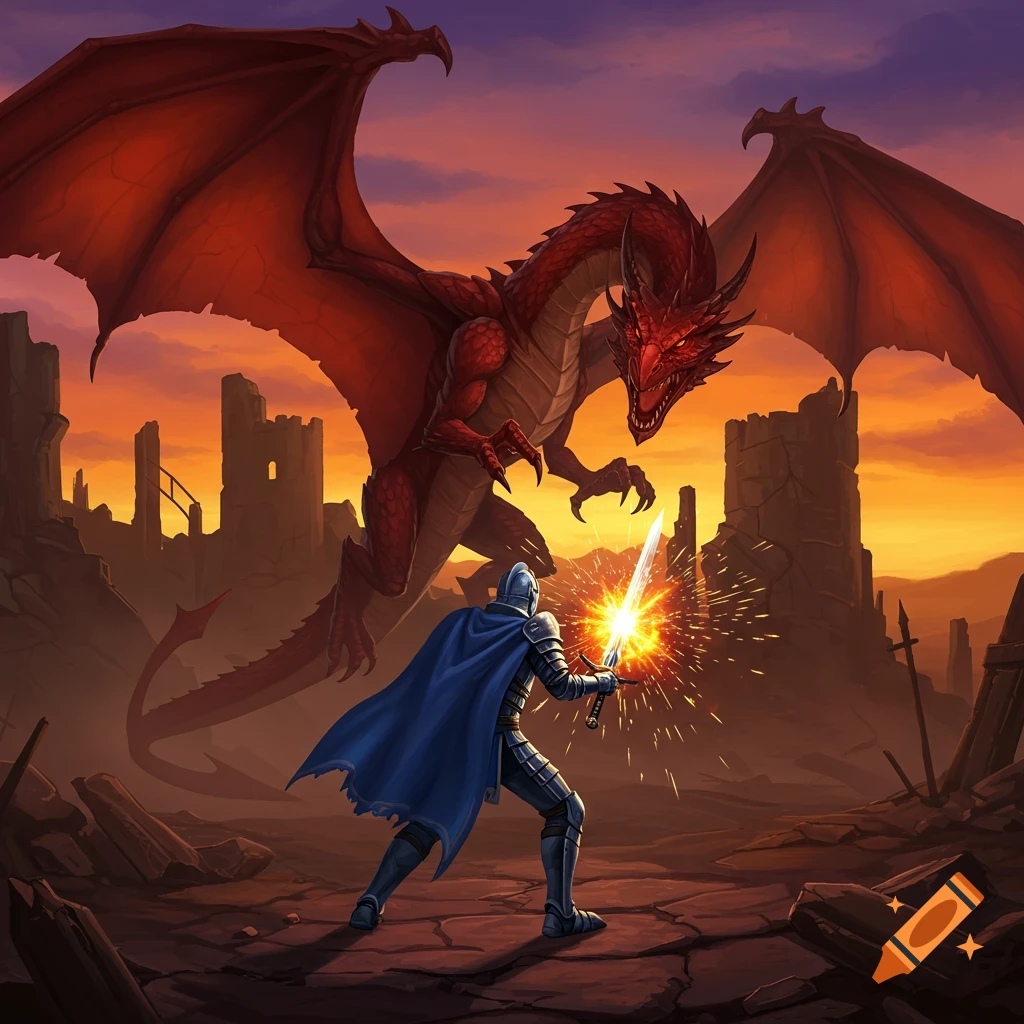 Blue armored knight fighting red dragon at sunset, video game style on ...