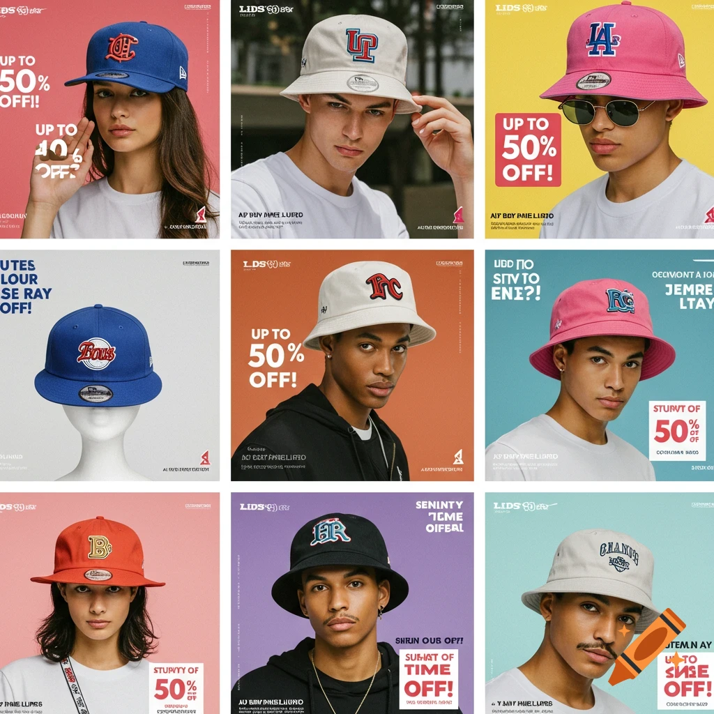Lids hats in various colors and logos for social media ad on Craiyon