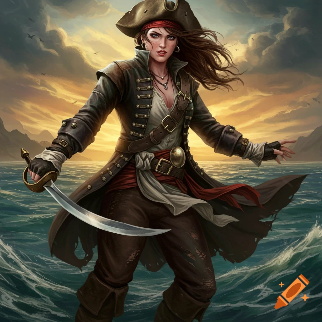 Illustrated portrait of a female pirate with a sword on a stormy sea ...