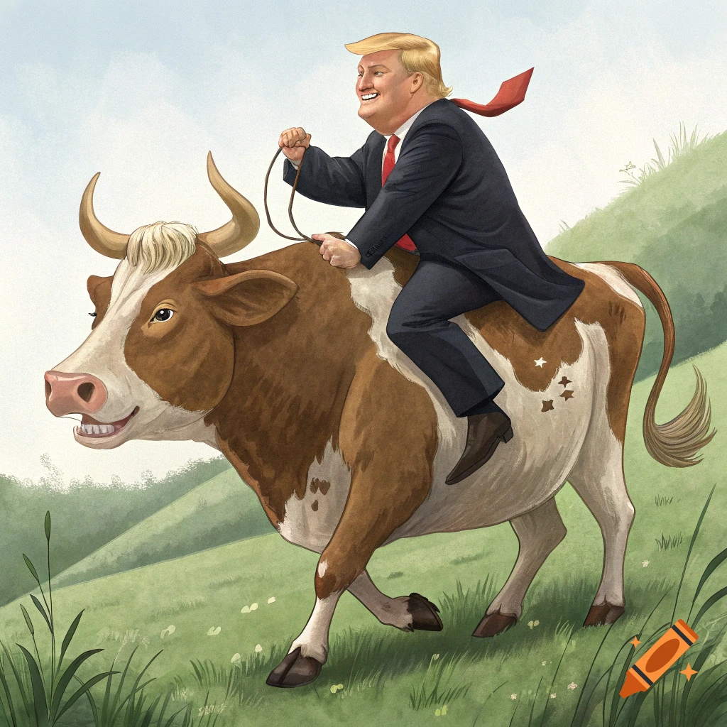 An illustration of Donald Trump riding a cow on a grassy hill. on Craiyon