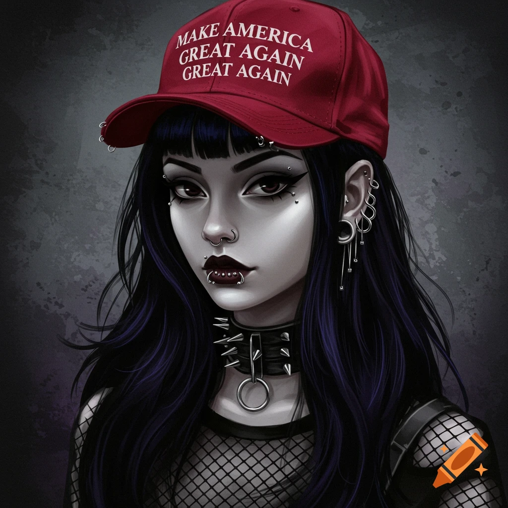 Goth girl with piercings in a red MAGA hat on Craiyon