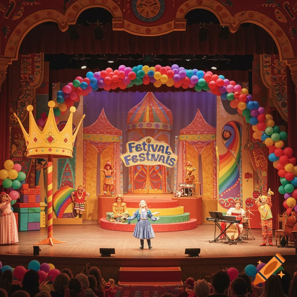 Colorful children's stage with a performance, featuring a large crown ...