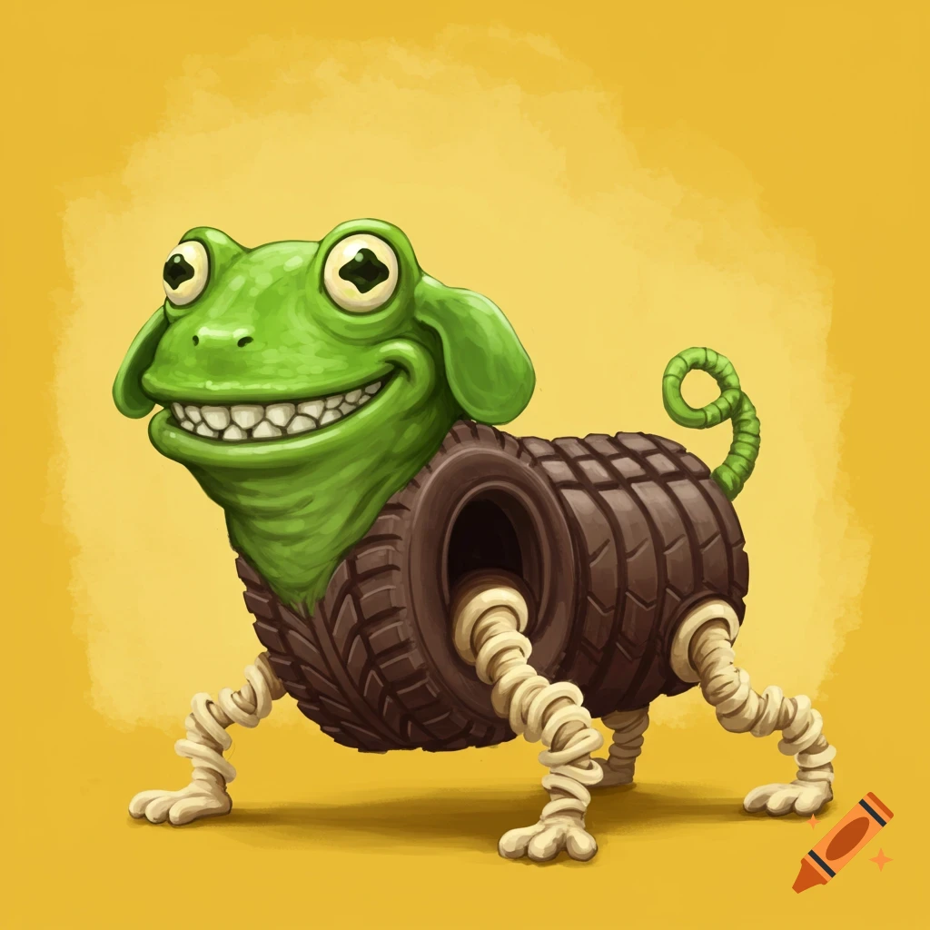Dog with frog head and tire body with spaghetti legs on Craiyon