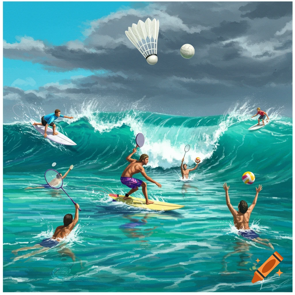 Sports combination: surfing, badminton, swimming, and volleyball on Craiyon