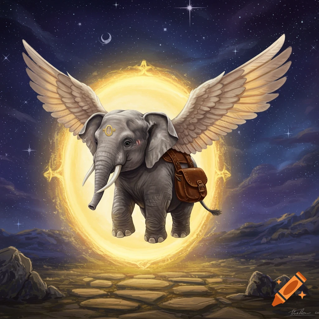 Tiny elephant with angel wings and leather saddlebags exiting a ...