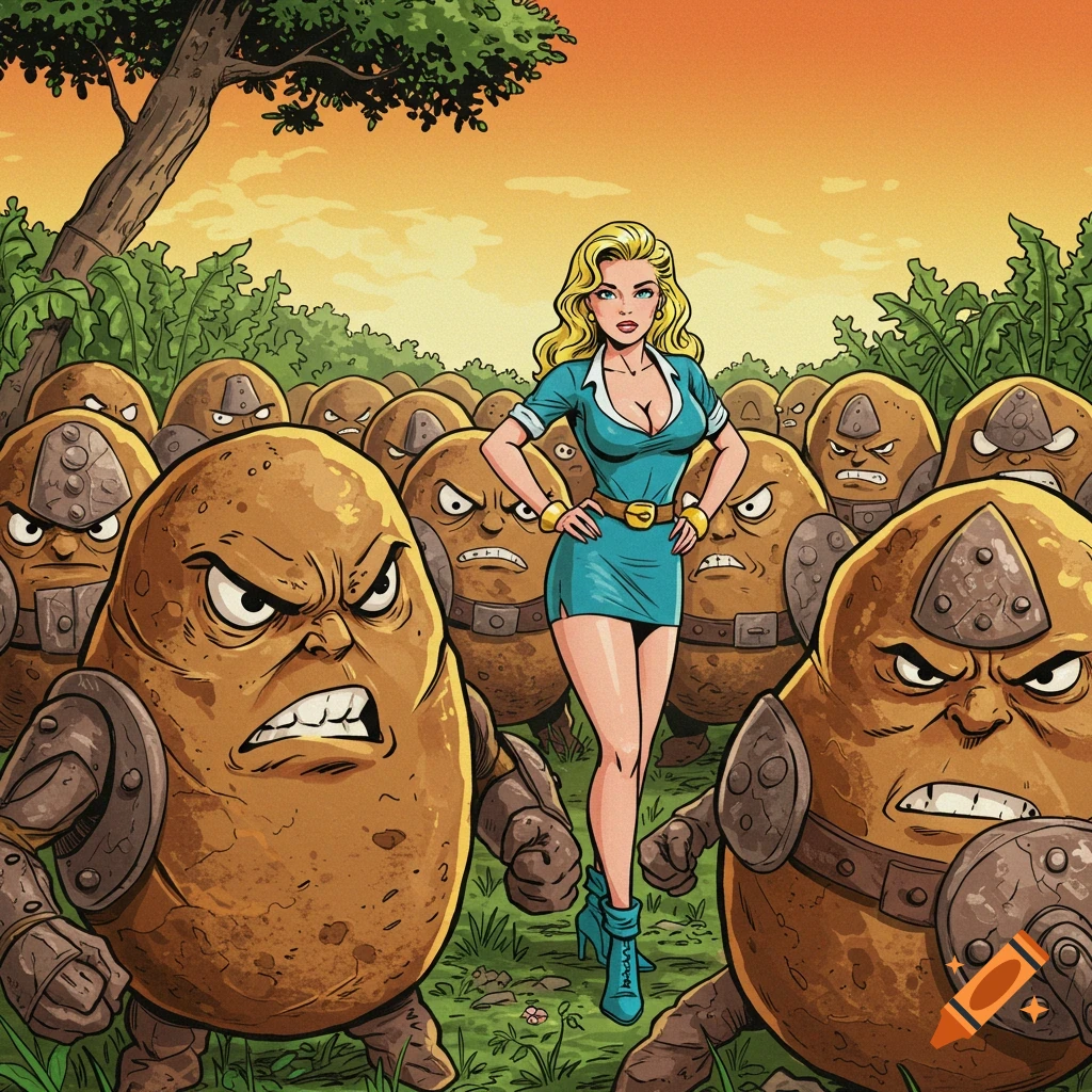 Blonde 1950s woman protected by giant potato warriors, comic book style on Craiyon