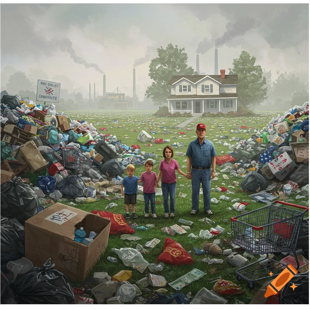 A family stands in a field covered in trash, with garbage piles, a ...