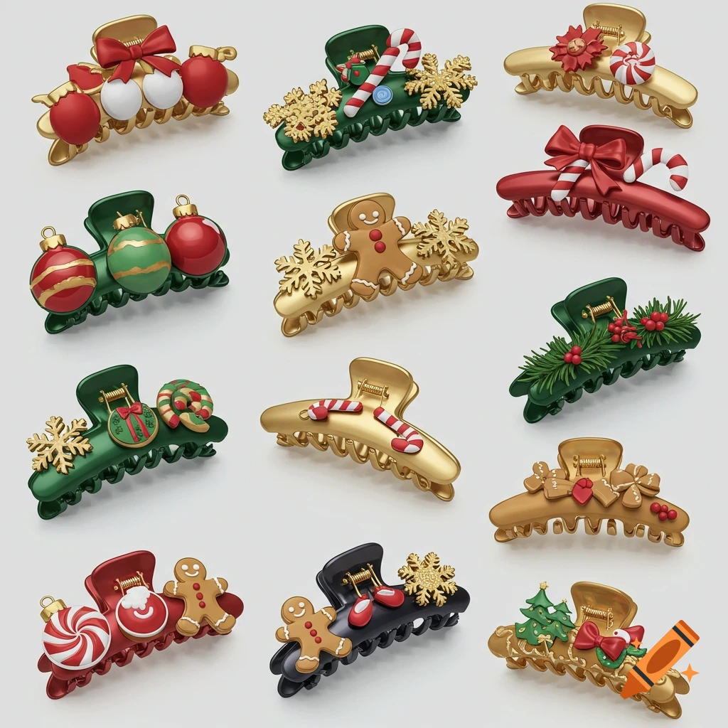 3D render of holiday-themed hair claw clips on Craiyon