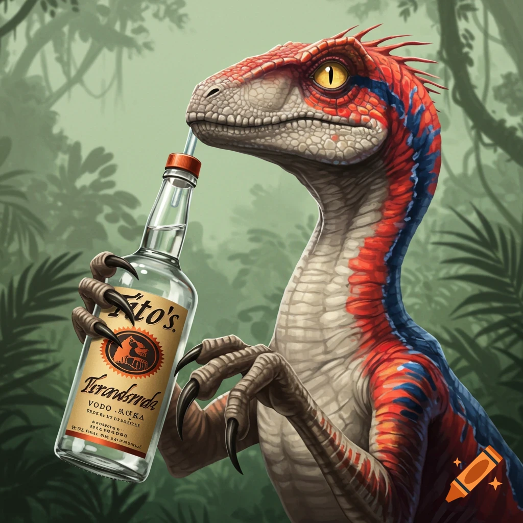 Tron-themed raptor drinking Tito's vodka on Craiyon