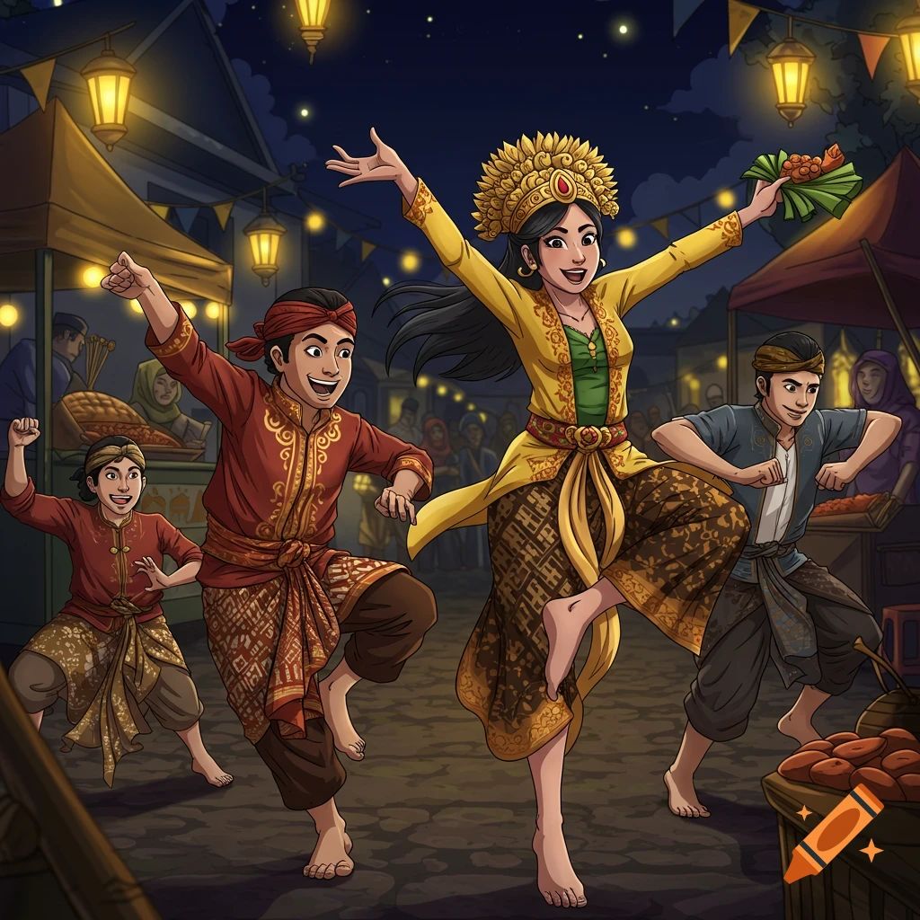 Indonesian dancers in traditional clothing perform at a night market under lanterns. on Craiyon
