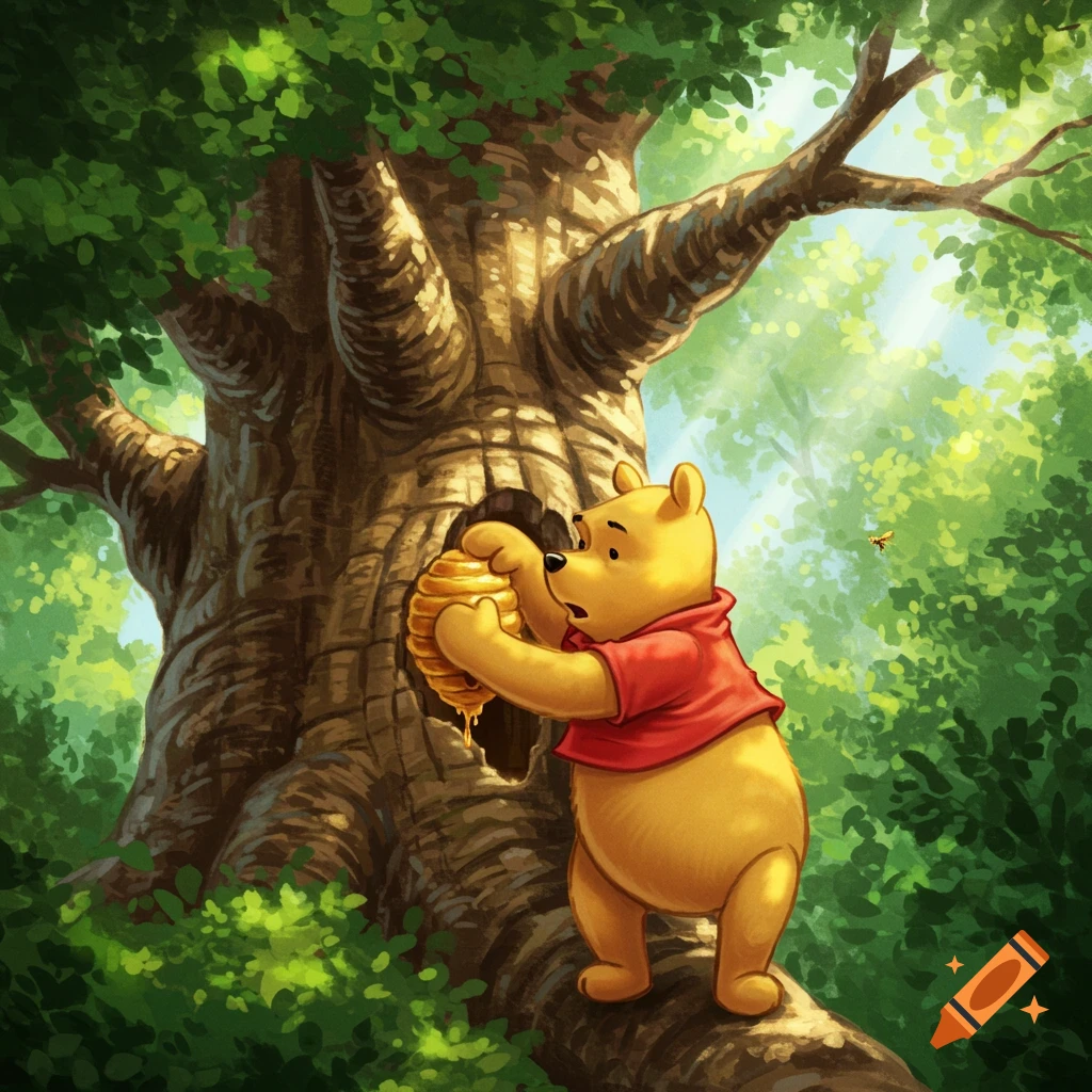 Winnie the Pooh searching for honeycomb in a tree on Craiyon