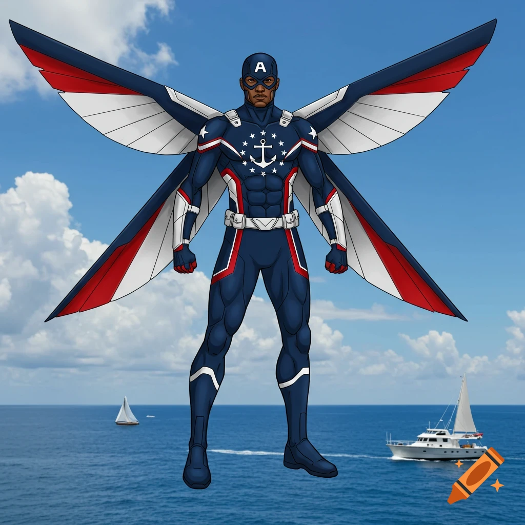 A nautical superhero blending Falcon and Captain America over the ocean ...