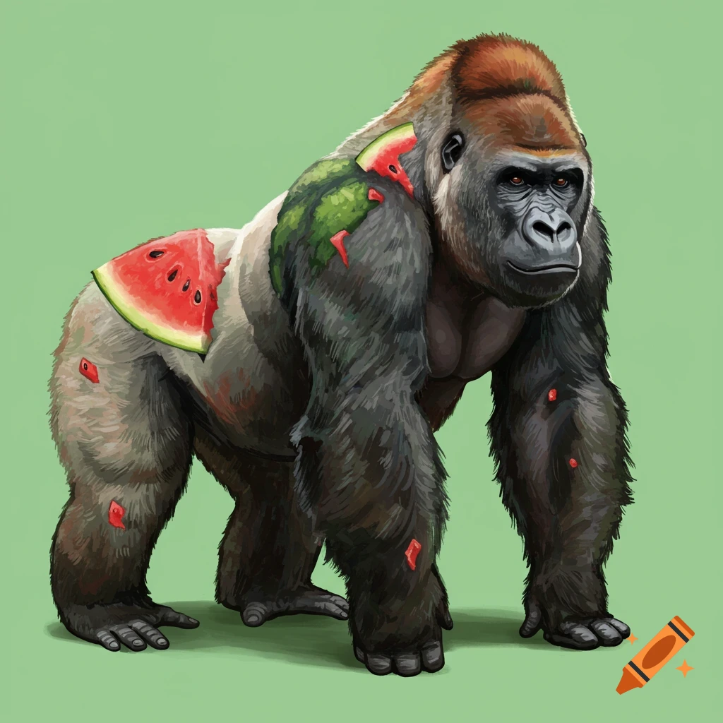 A gorilla with slices of watermelon on its back and shoulder. on Craiyon