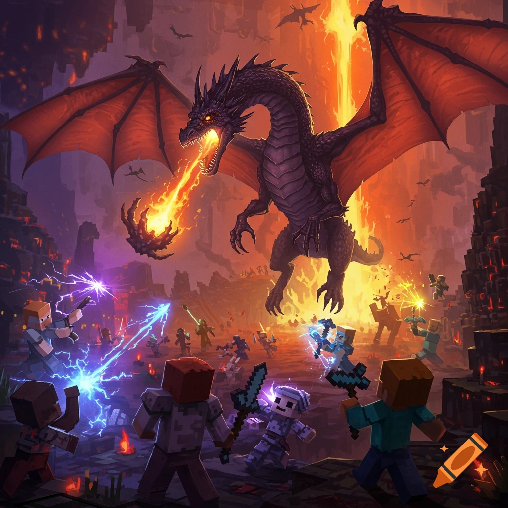 Minecraft Ender Dragon battles blocky characters with fire. on Craiyon