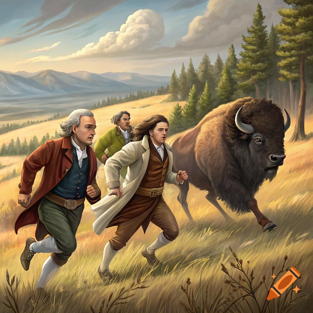 A painting shows a man in 18th-century clothes running alongside a ...