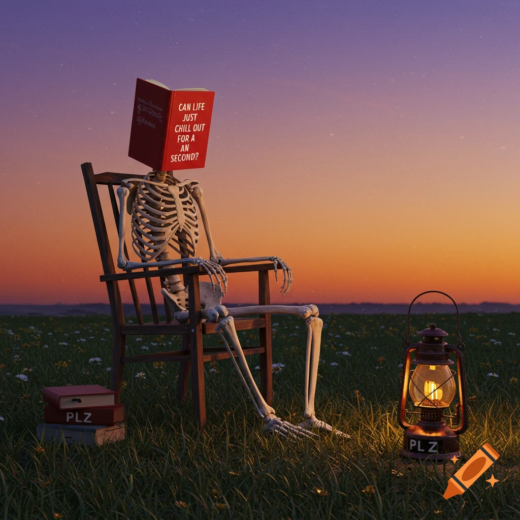 A skeleton sits in a chair reading a book on its head at sunset. on Craiyon