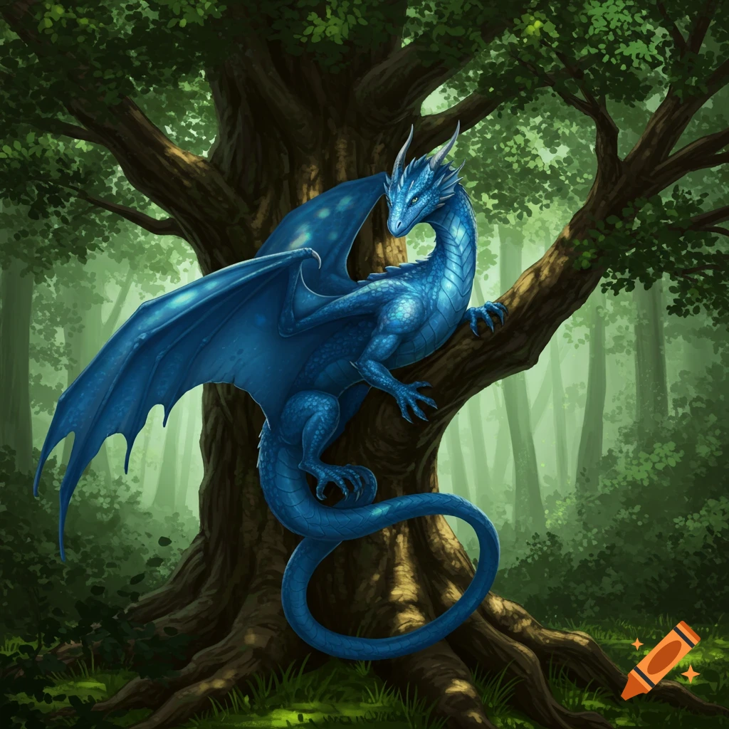 A blue dragon perched on a tree trunk in a green forest. on Craiyon