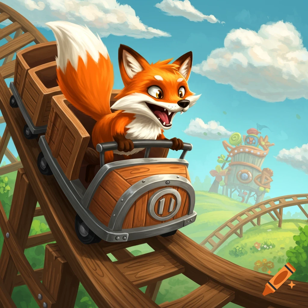 A cartoon fox rides an old wooden roller coaster car, smiling excitedly ...