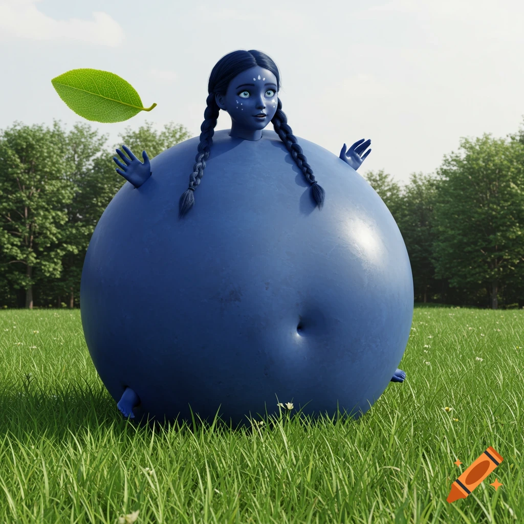 Blue-skinned girl inflating into blueberry shape, fantasy illustration ...