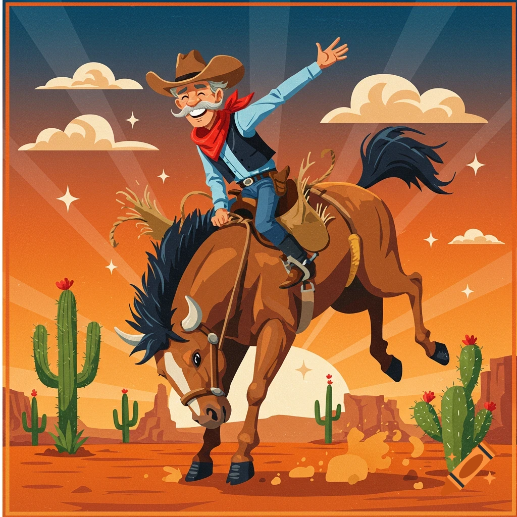 Cartoon illustration of a cowboy riding a bucking horse in a desert ...