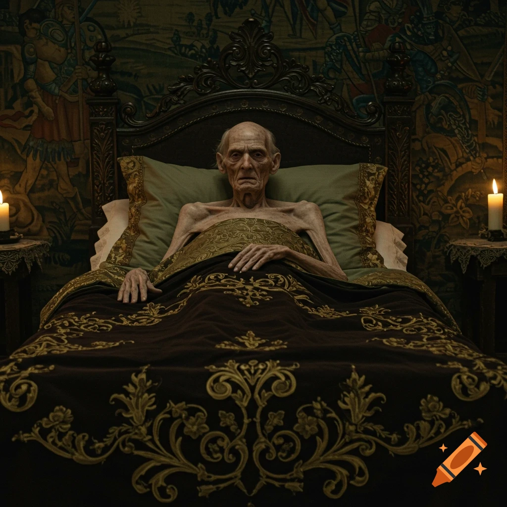 Photorealistic image of a very old, frail man (king?) lying in a richly ...