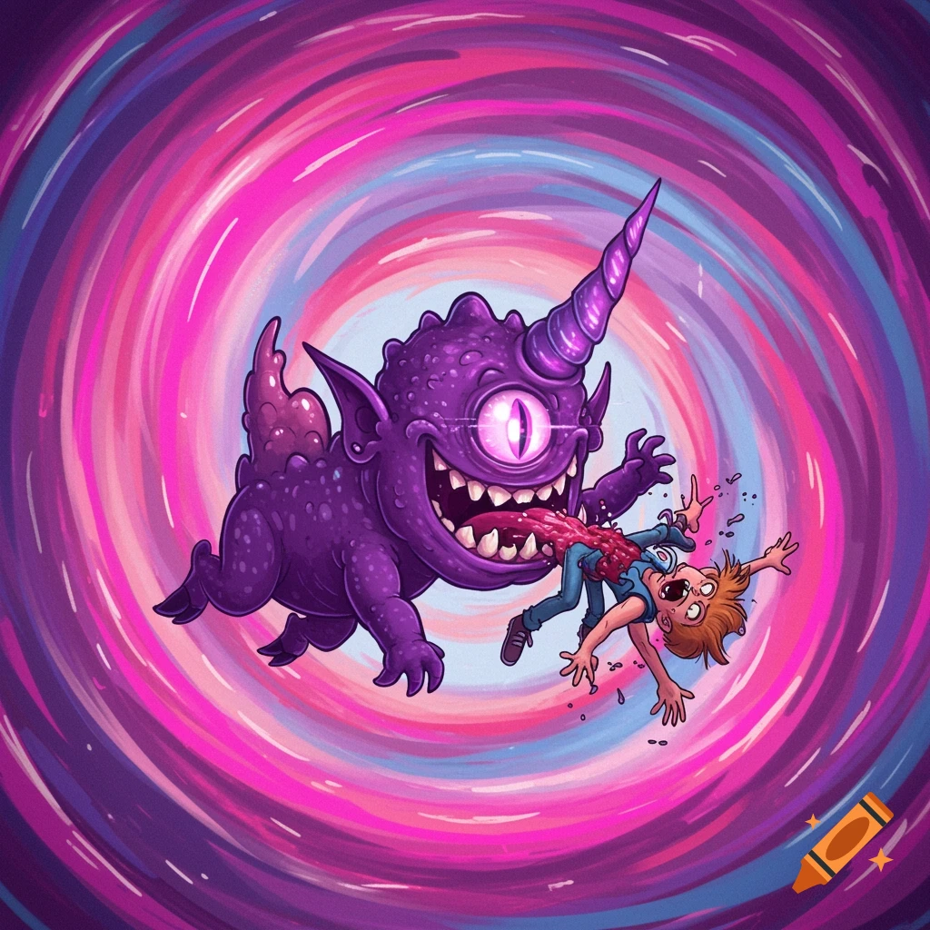 Cartoony purple monster with a horn and single eye eating a person in a ...