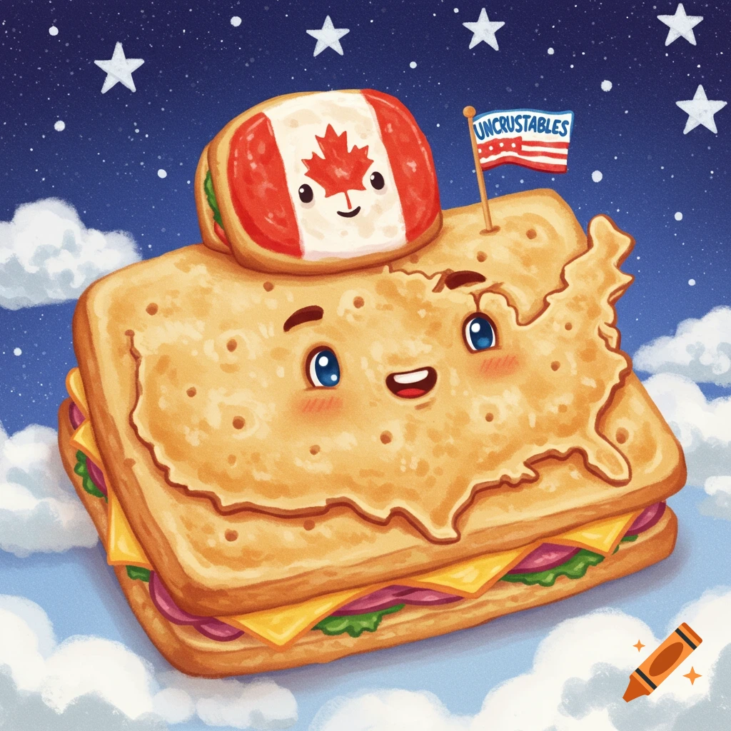Cartoon Uncrustables sandwich (USA) wearing Canada as a hat floats in ...