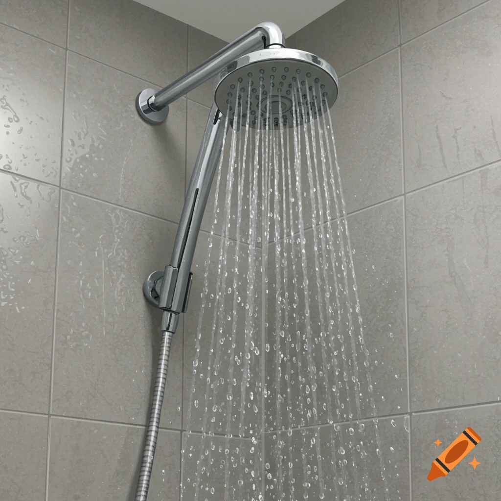 Modern square waterfall shower head spraying water in a tiled bathroom ...