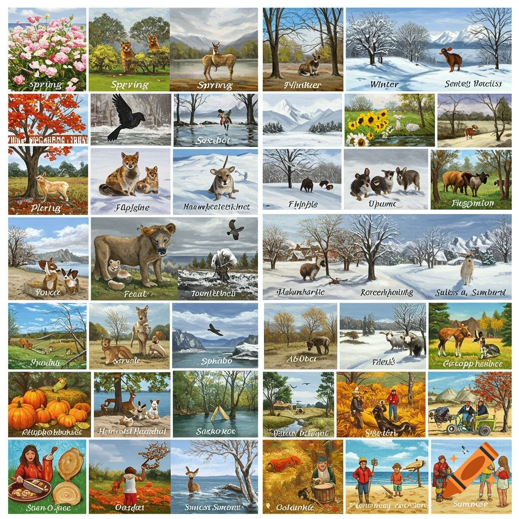 Images of four seasons, each labeled with content on Craiyon
