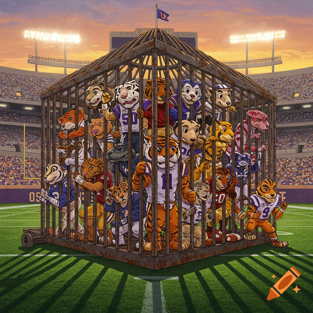 SEC football mascots in a cage at LSU Tiger Stadium on Craiyon