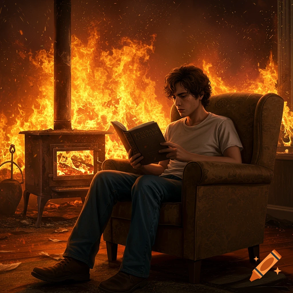 Person reading as stove fire threatens house on Craiyon