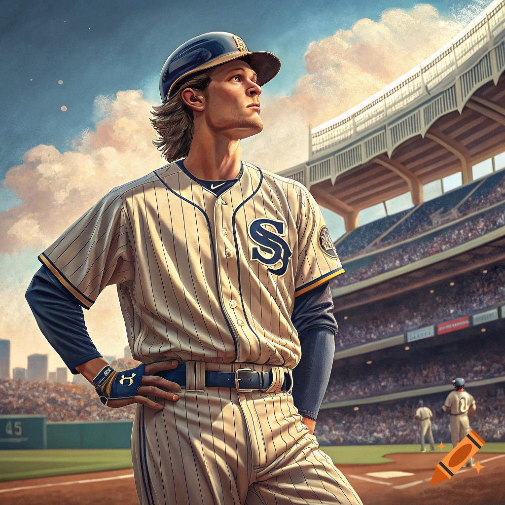 Goofy in a Los Angeles Dodgers baseball uniform on a baseball field in a stadium, catching a ...