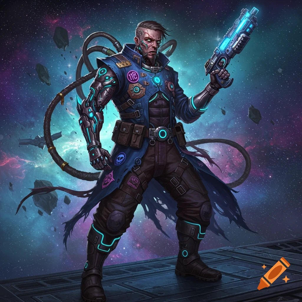 A cyberpunk space pirate stands amidst debris, firing two laser pistols ...