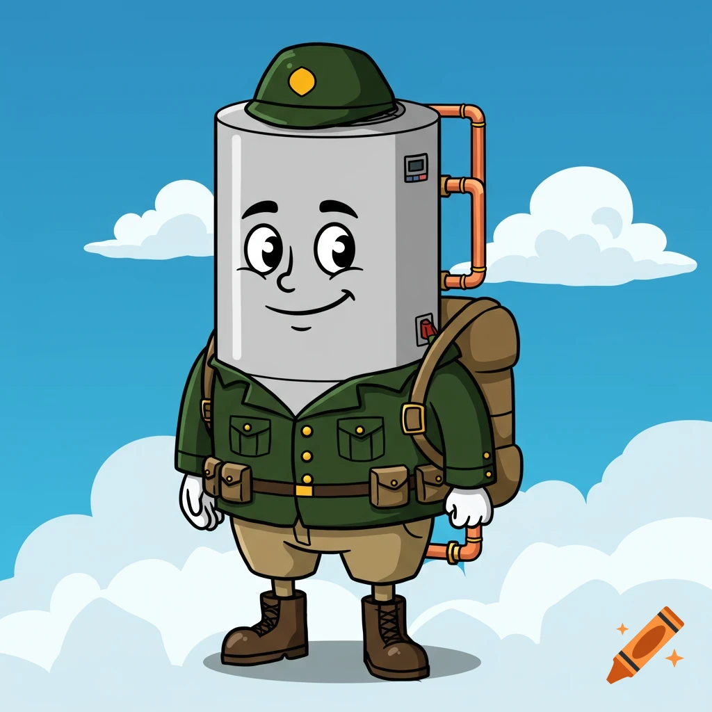Cartoon of a heat pump water heater in a US military uniform on Craiyon