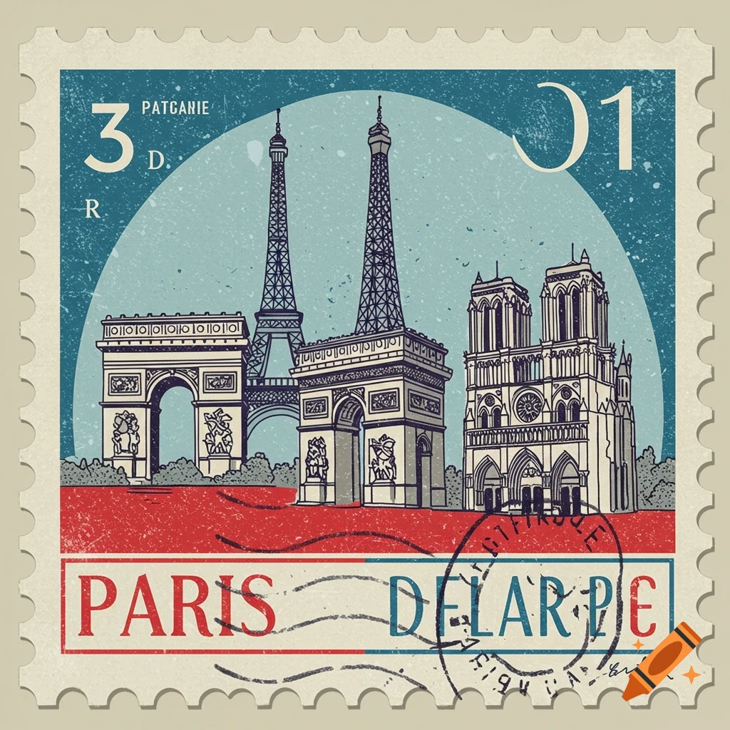 Stylized illustration of Paris landmarks on a postage stamp on Craiyon