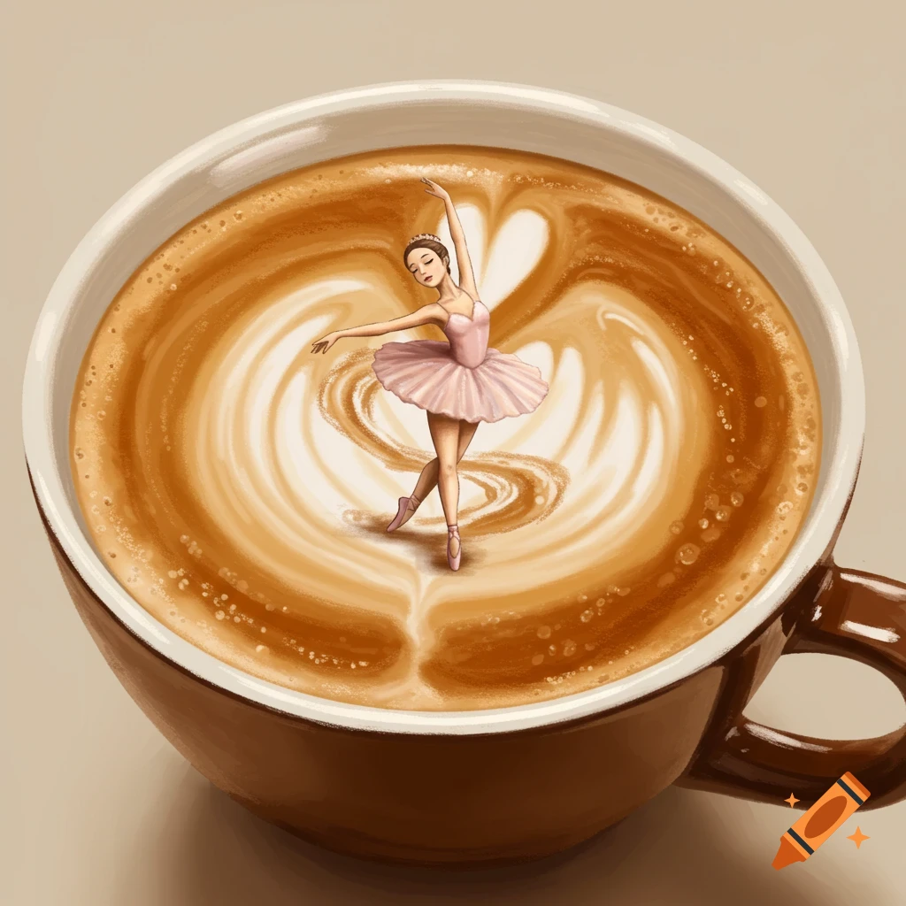 Painting of a ballerina in a pink tutu pouring coffee from a small cup ...