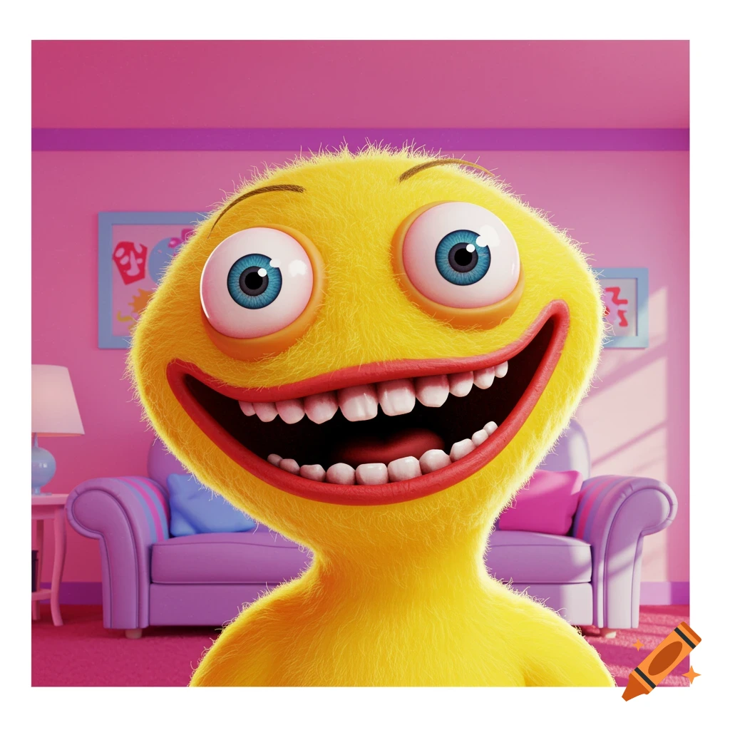Yellow furry creature with big eyes and wide smile in a pink room. on ...