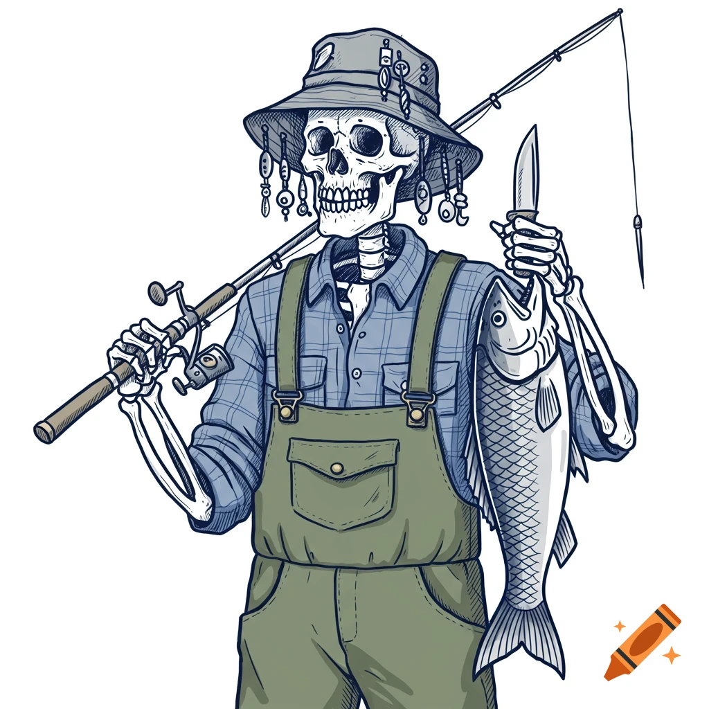 Stylized illustration of a skeleton fisherman with a rod and fish. on ...