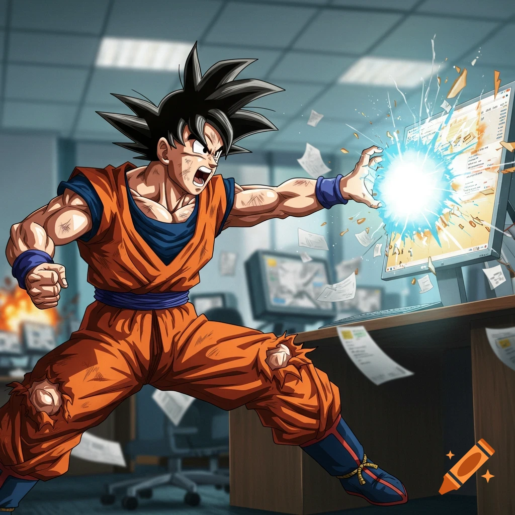 Anime character Goku in an orange gi prepares an energy attack in front ...