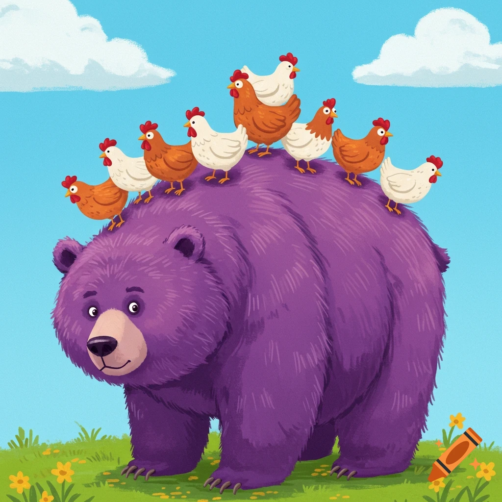 Purple bear with chickens riding it on Craiyon